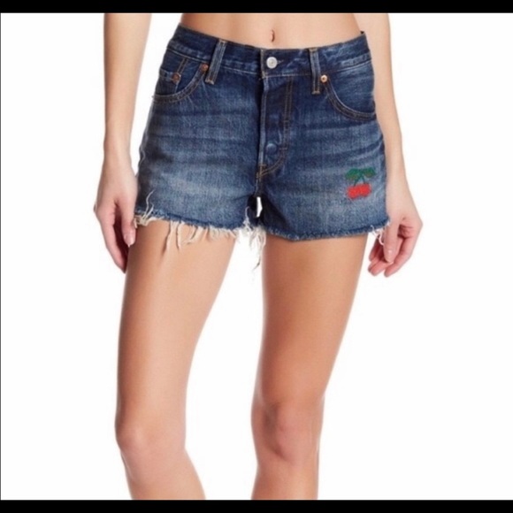 Levi's | Shorts | Levis 5 Button Fly Cherry Embossed Raw Hem Denim ...